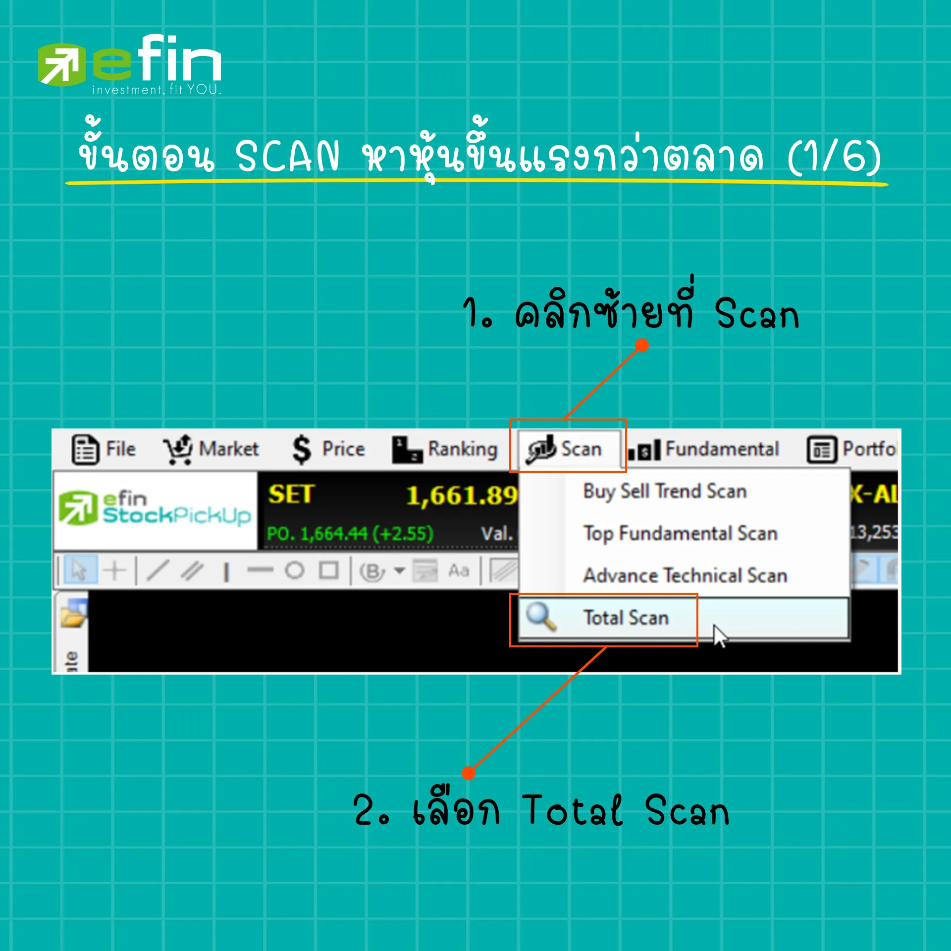 วิธีหาหุ้น ที่วิ่งขึ้นแรงกว่าตลาด ด้วยสูตร Scan - efin